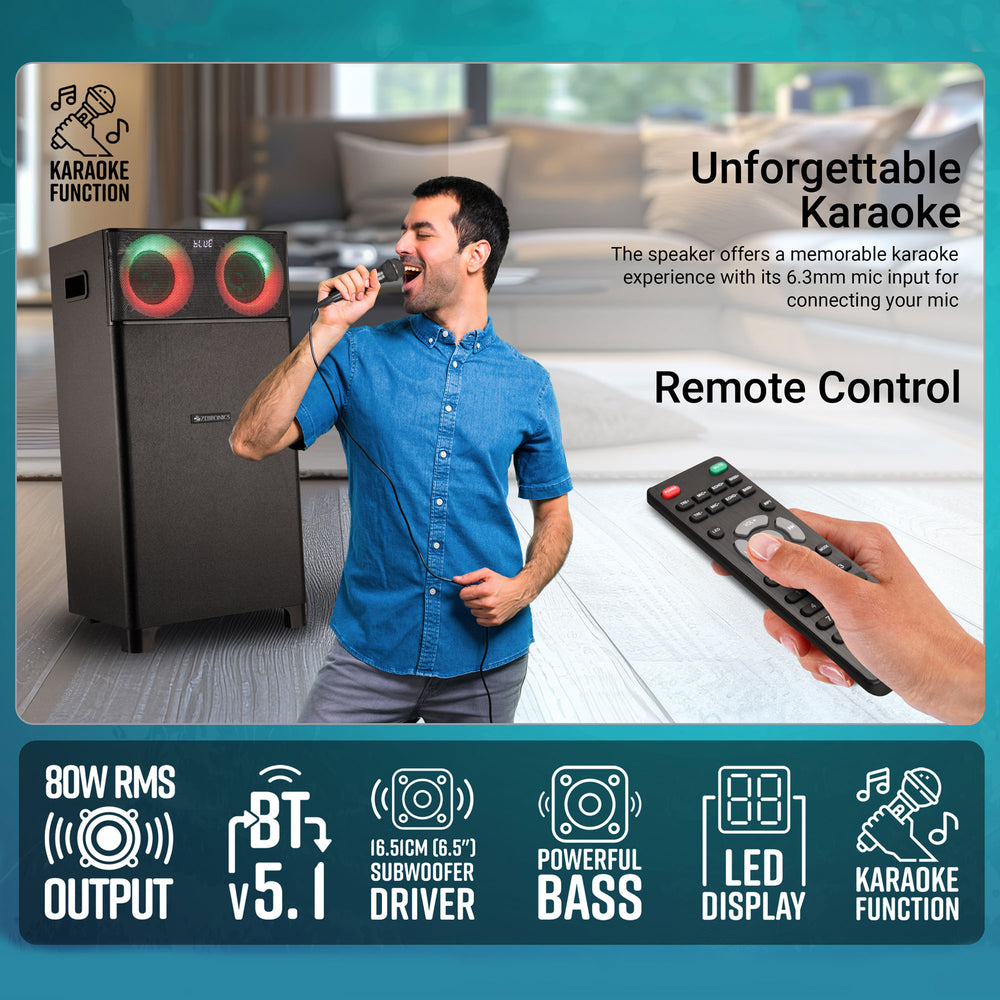 Zebronics Beast 500 Tower Speaker - 80W, Mic, RGB LED