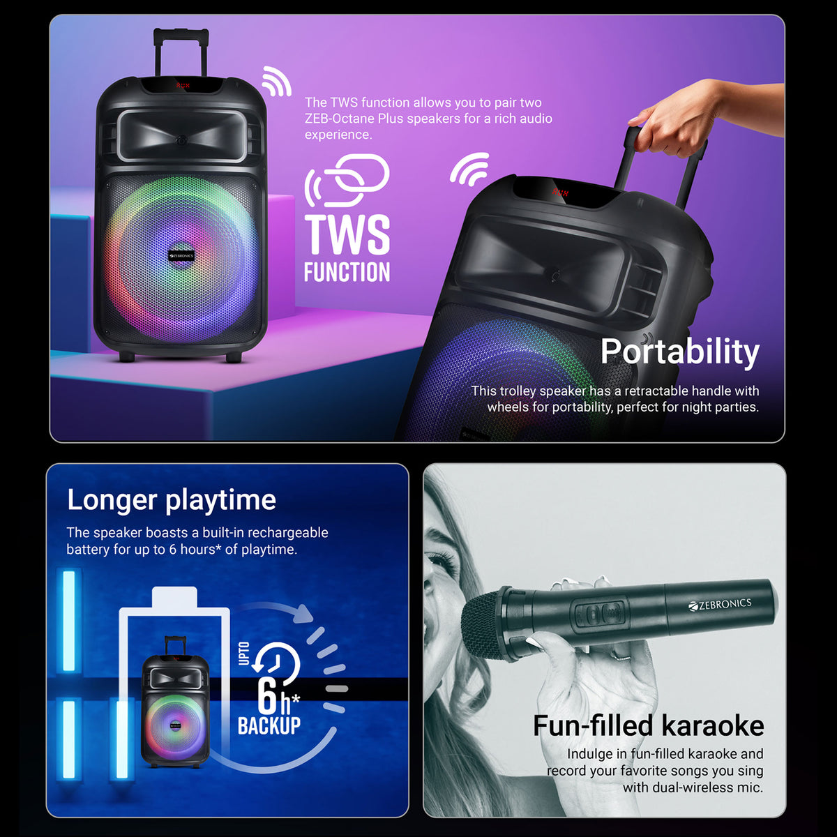 Zebronics Octane Plus Trolley Speaker - 100W, karaoke, LED