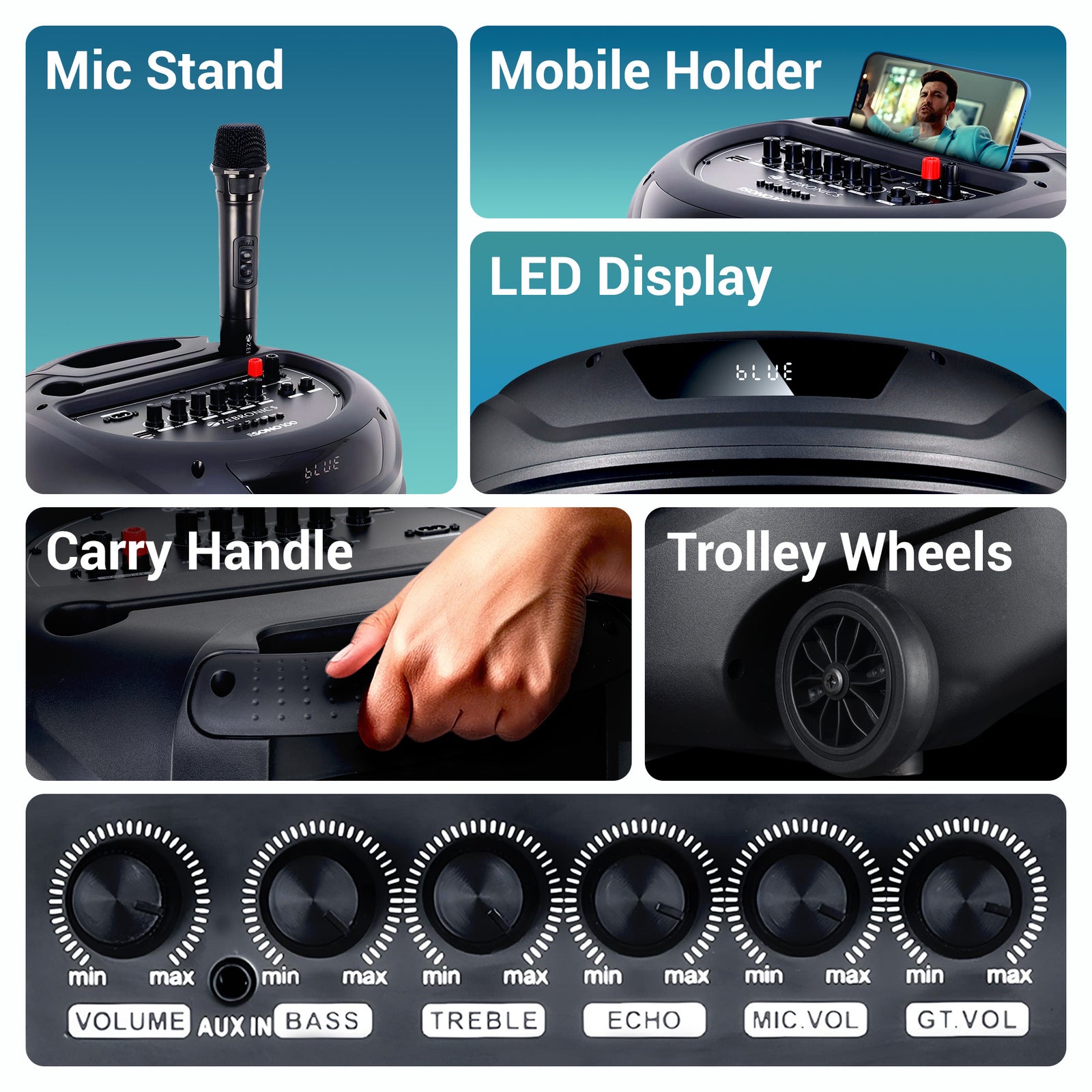 Zebronics Sono 100 Trolley Speaker - 120W, karaoke, LED
