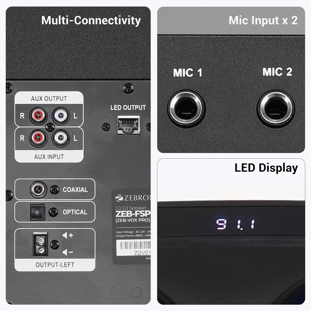 Zebronics Vox Pro DJ Speaker - 440W, Dual Mic, LED Lights