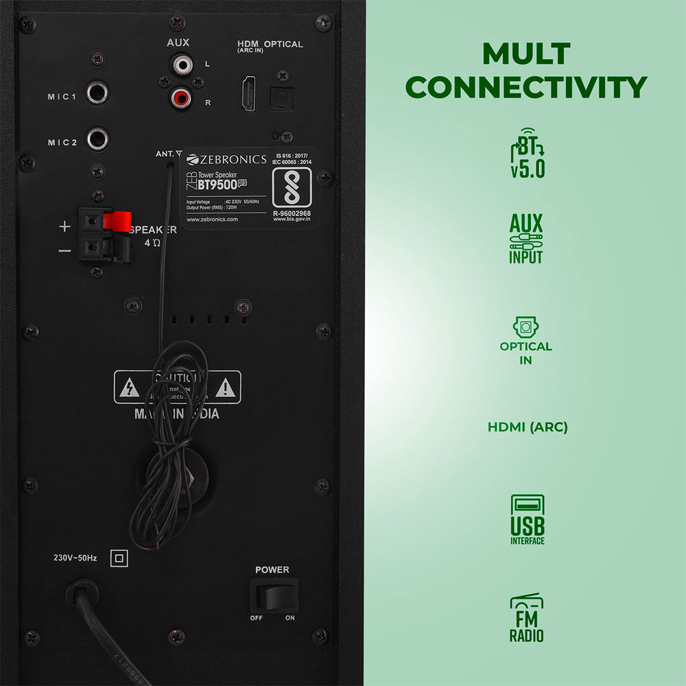Zebronics BT 9500 Pro Tower Speaker - 120W, 2.0ch, 2 mic